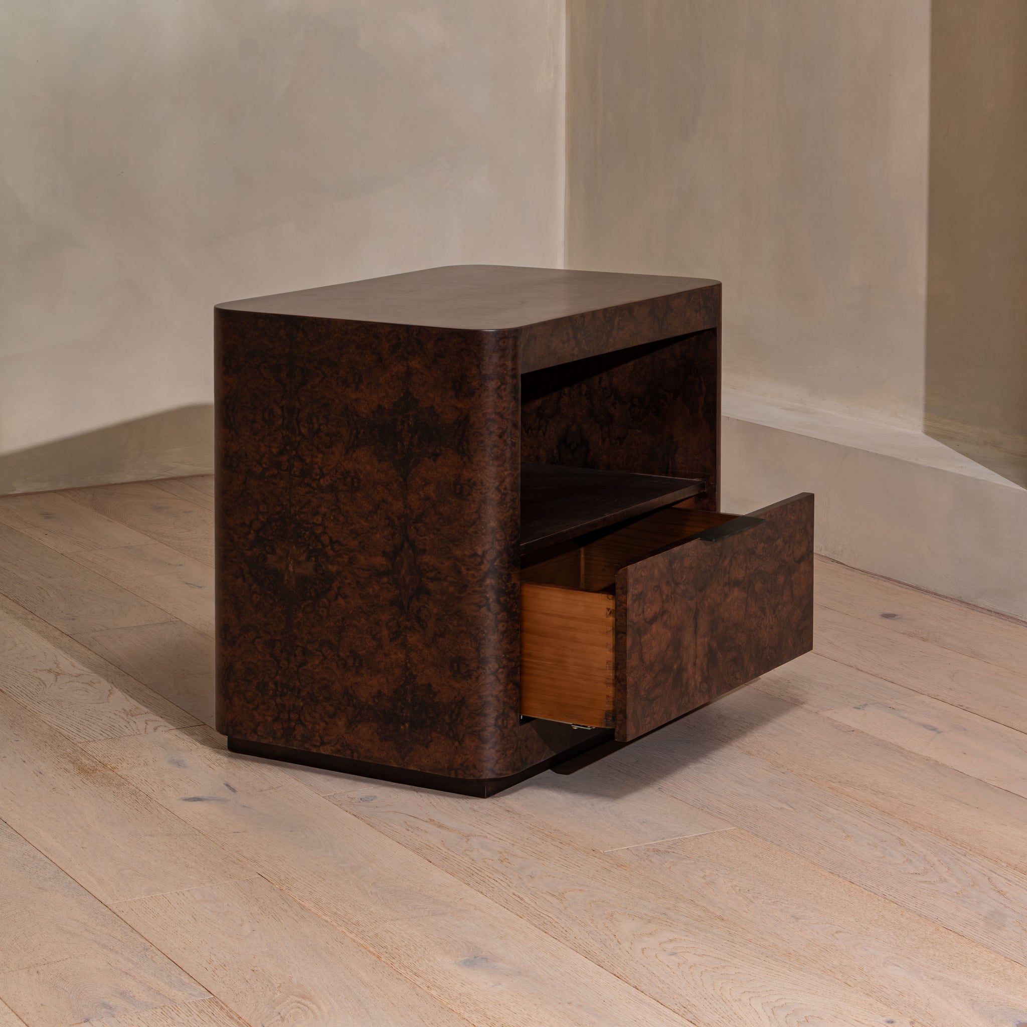 Abingdon Bedside Table | 650 Wide, Dark Burl, 1 Drawer – Burbeck At Home